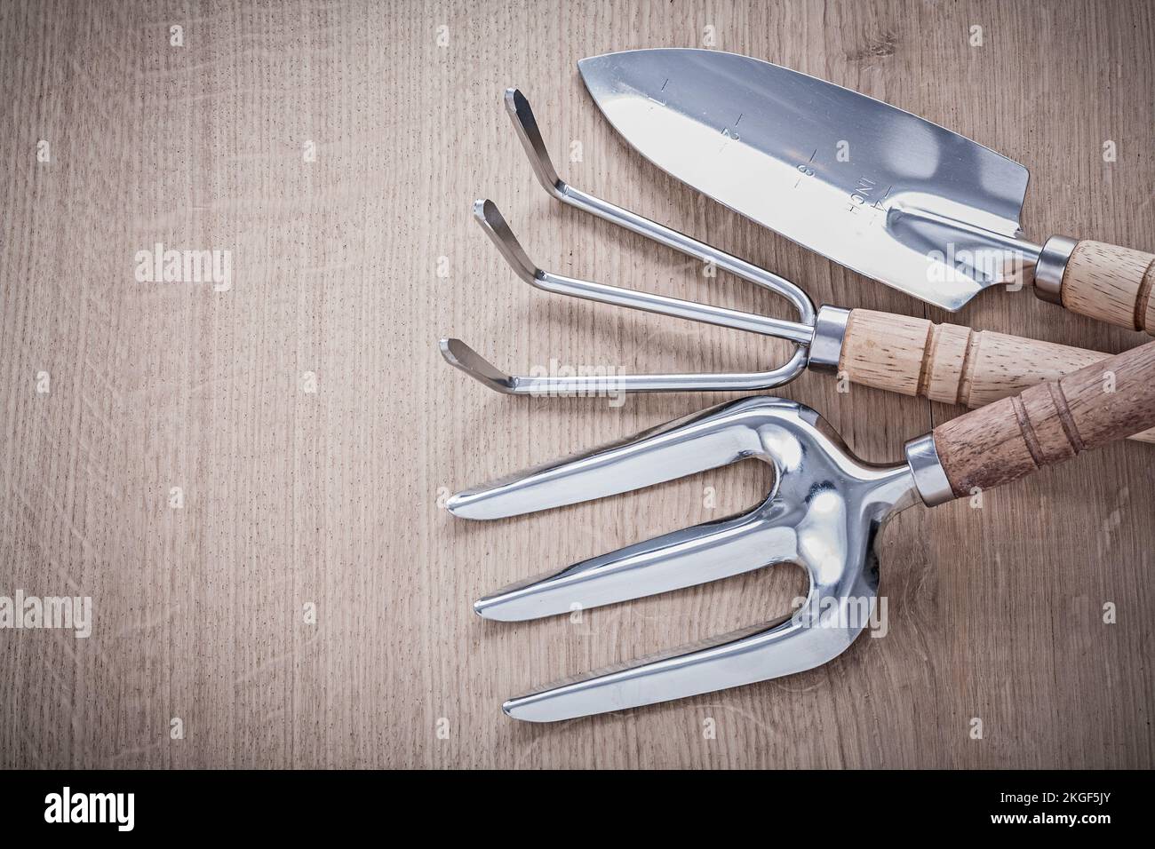 Set of stainless trowel fork hand spade and rake with wooden handles on ...