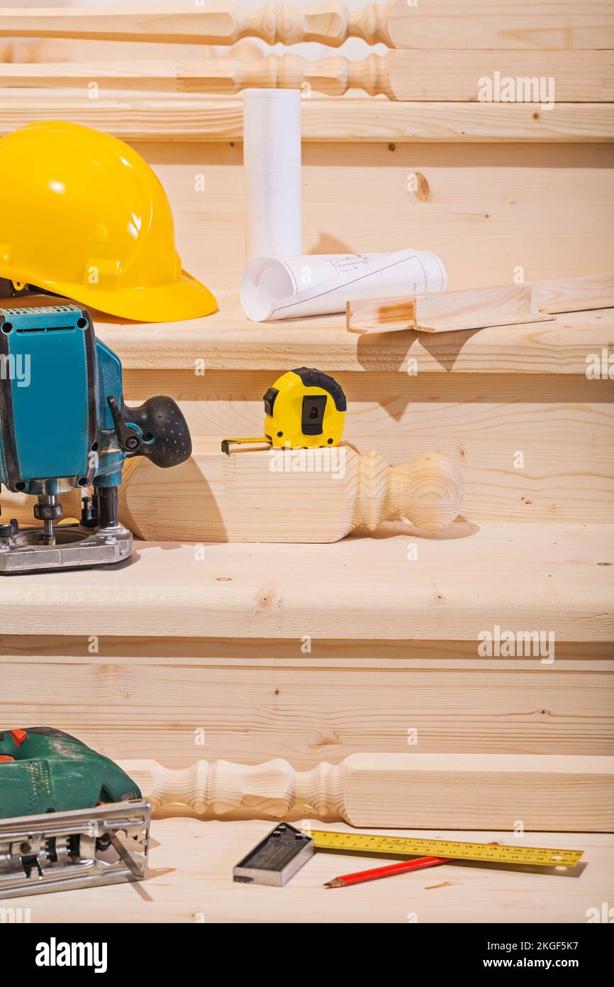set of working tools on seteps of wooden ladder Stock Photo - Alamy