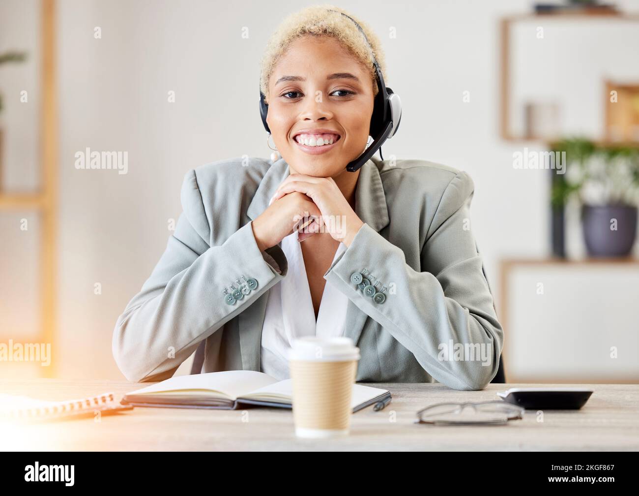 Call center, black woman and portrait, consulting and customer service, receptionist or agent ...