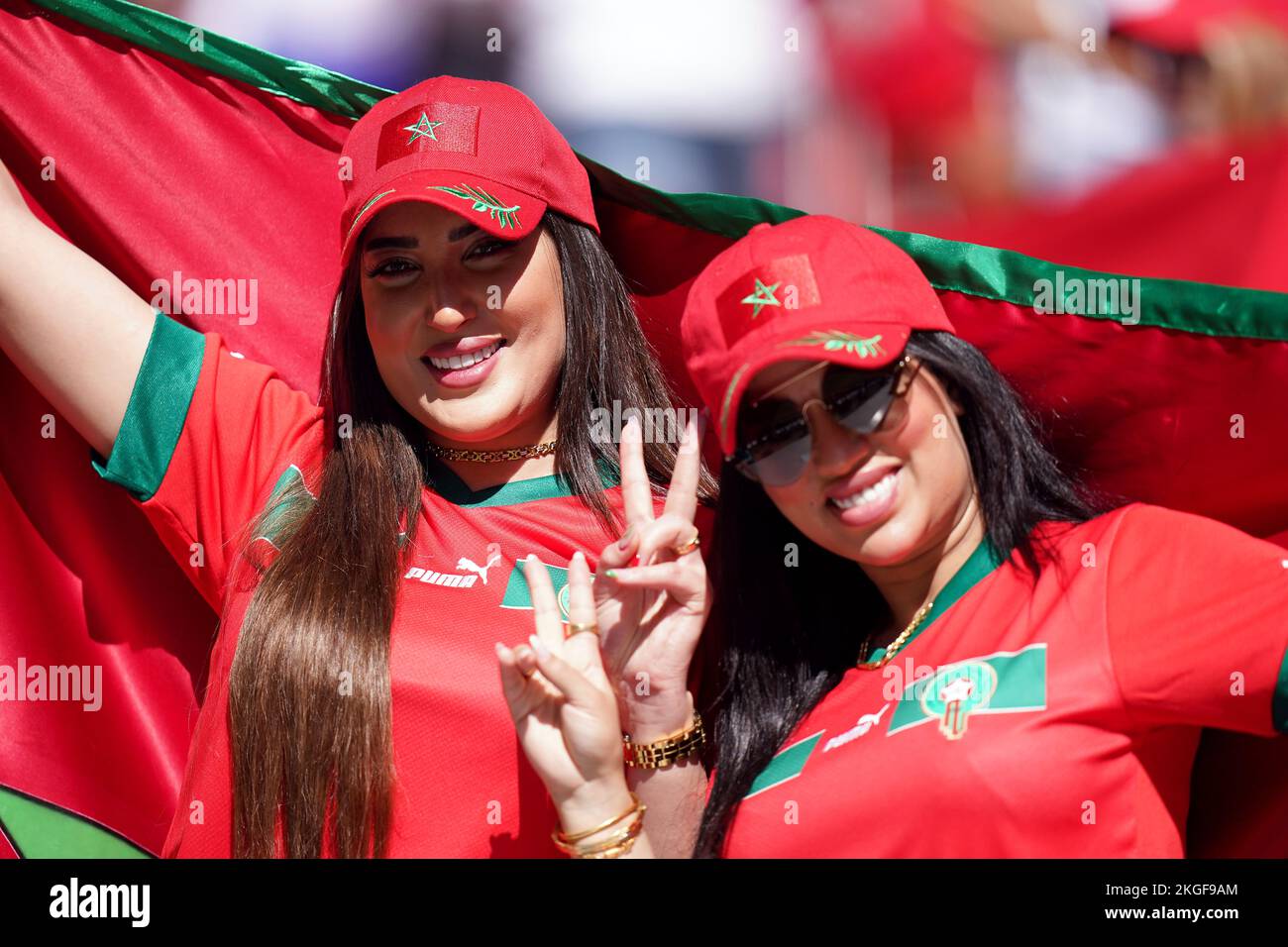 Morocco fans in the stands during the FIFA World Cup Group F match at the Al Bayt Stadium, Al ...