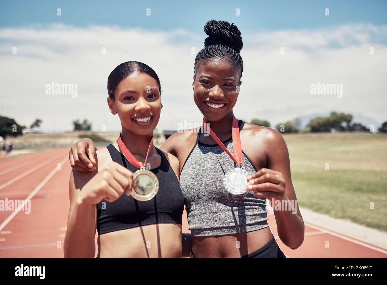 Fitness, friends or black woman with medals for winner, sports victory ...