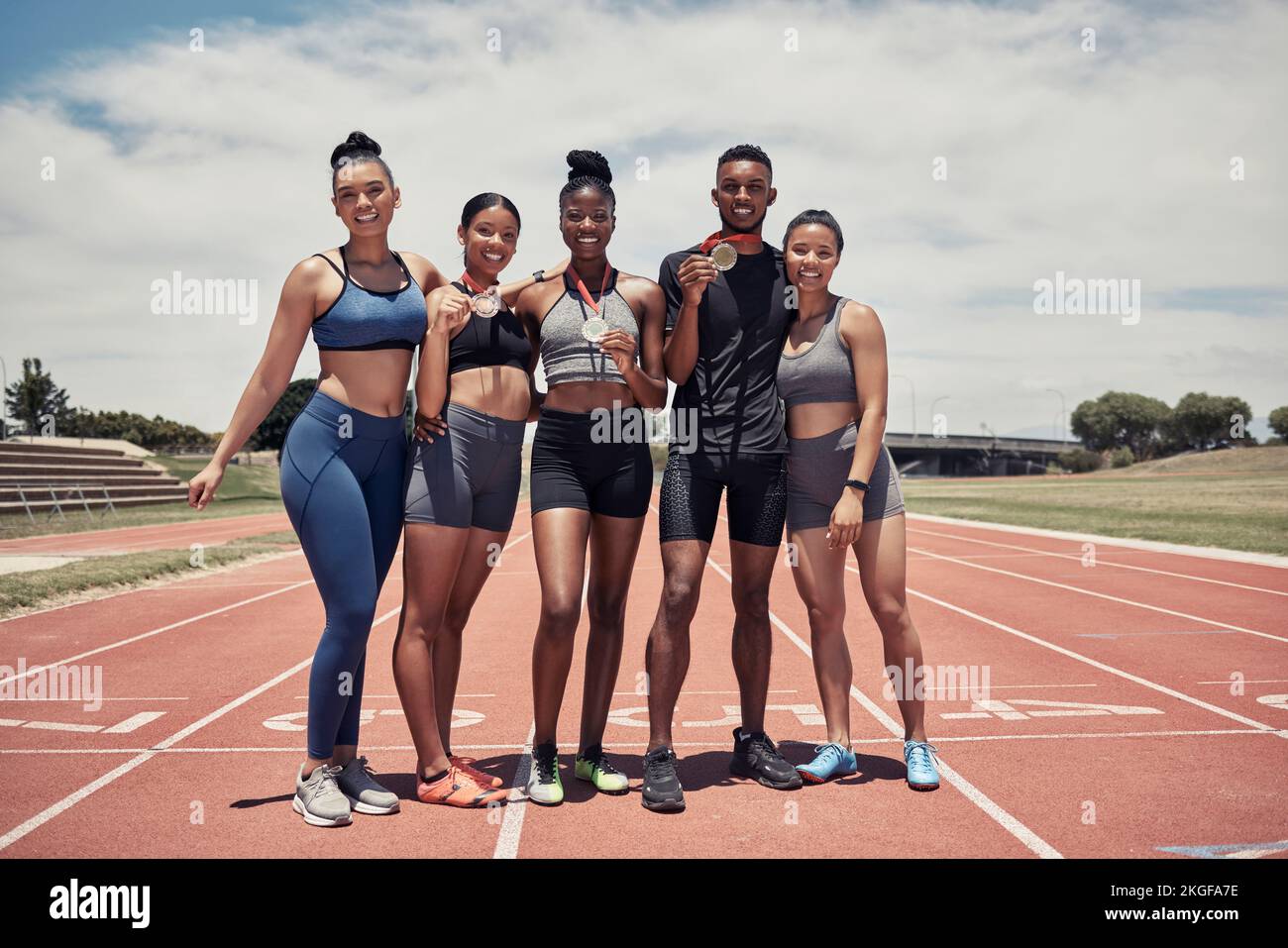 Champion, group and runner, winner and medal for running and fitness ...