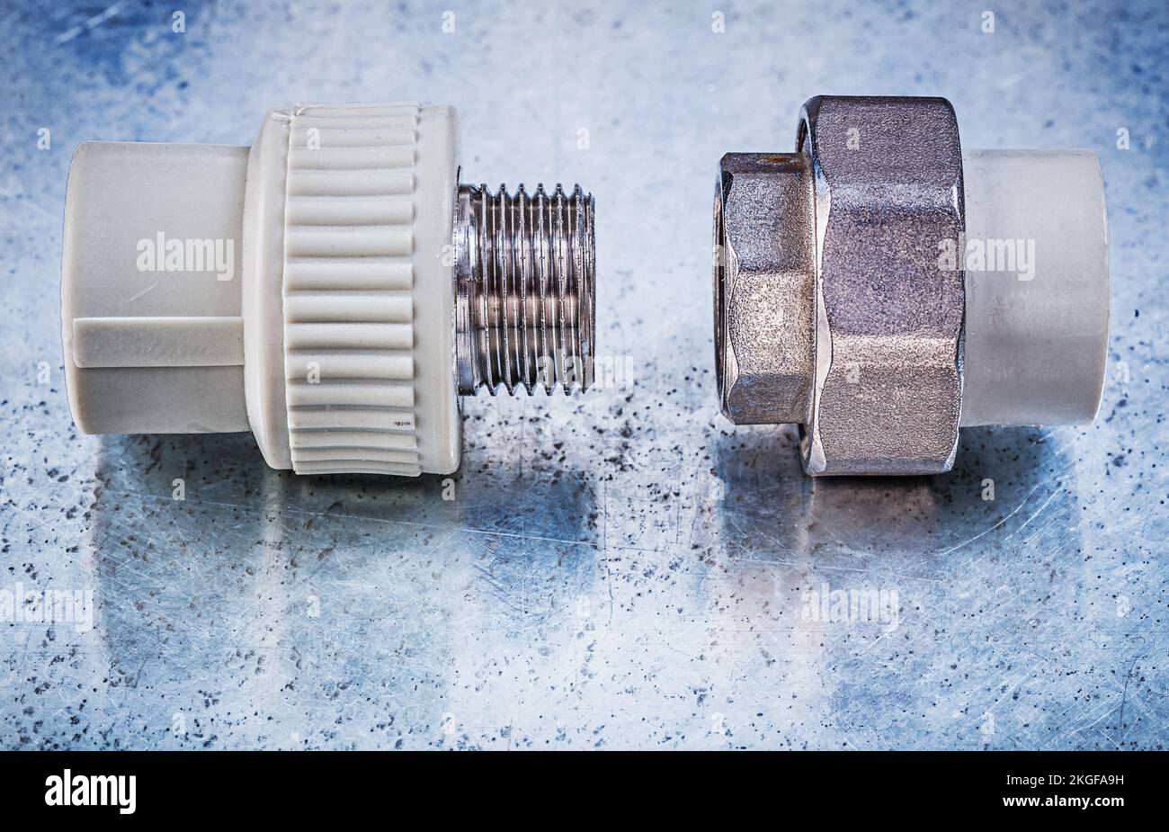 Threaded pipe connectors on metallic background construction concept ...