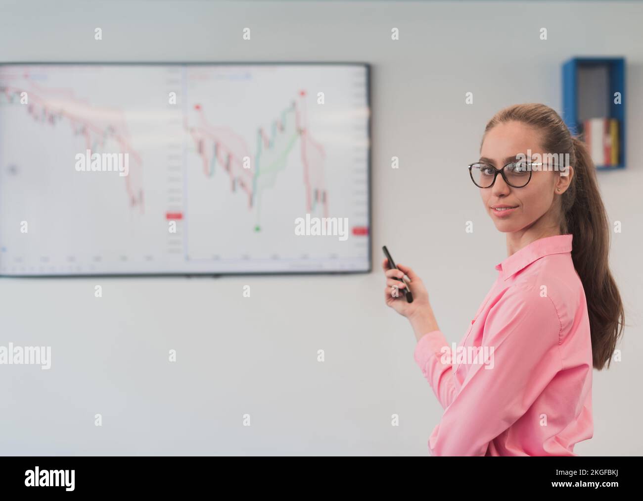 On Stage, Successful Female Speaker Presents Technological Product ...