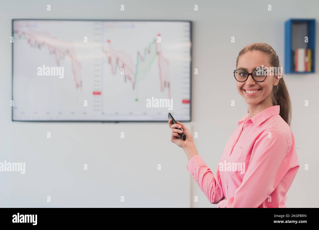 On Stage, Successful Female Speaker Presents Technological Product ...