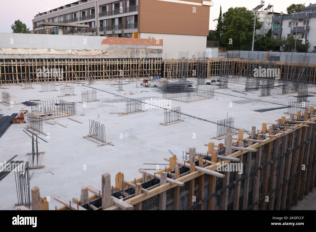 Construction of concrete building foundation, constructing process ...