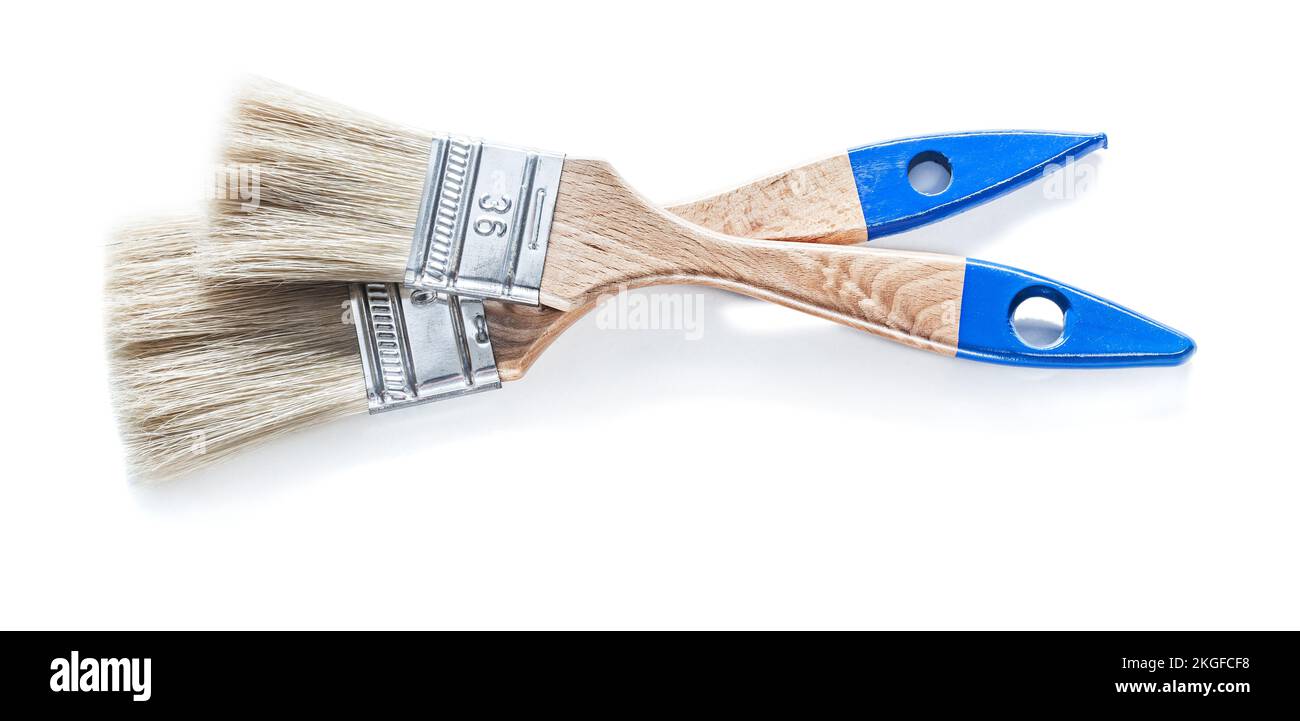 two paint brushes with natural bristles and wooden handles isolated on ...