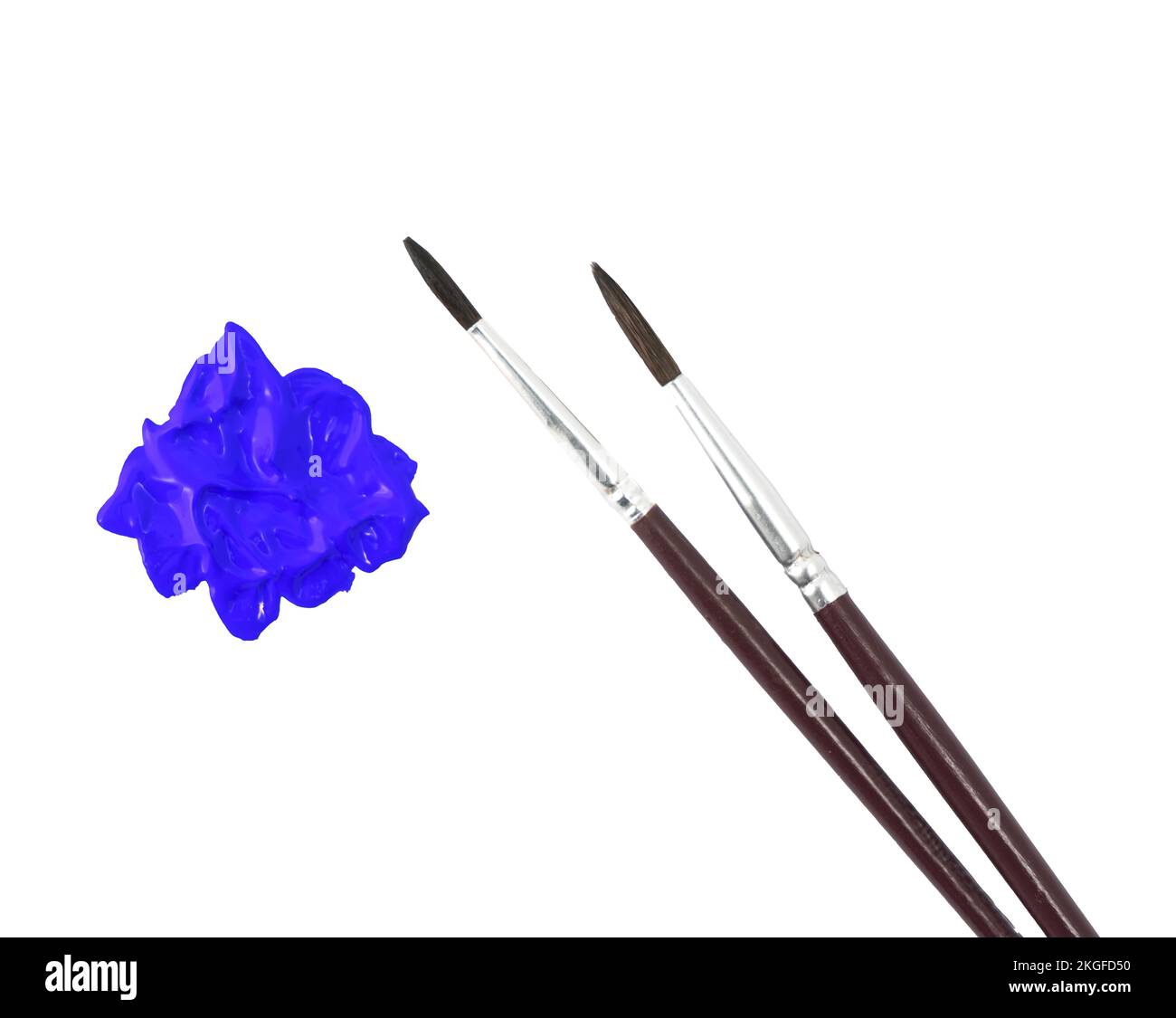 a drop of acrylic blue color and two brushes on a transparent ...