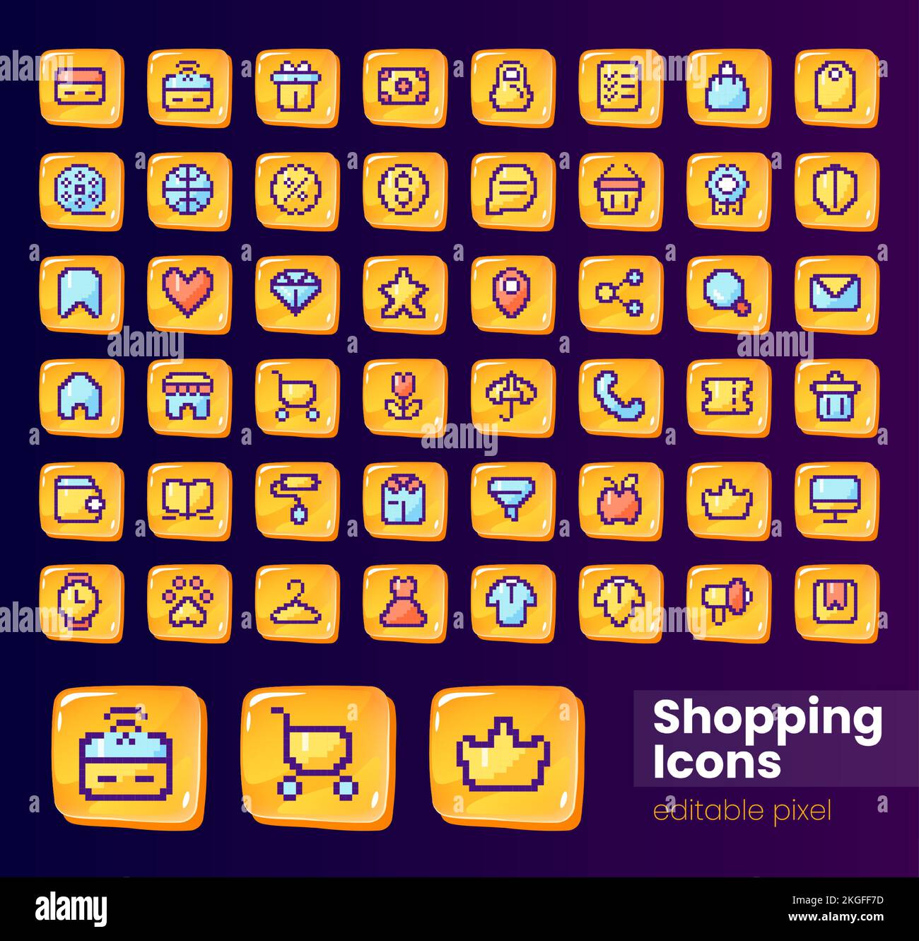Shopping glossy ui button with pixelated color icon big set Stock ...