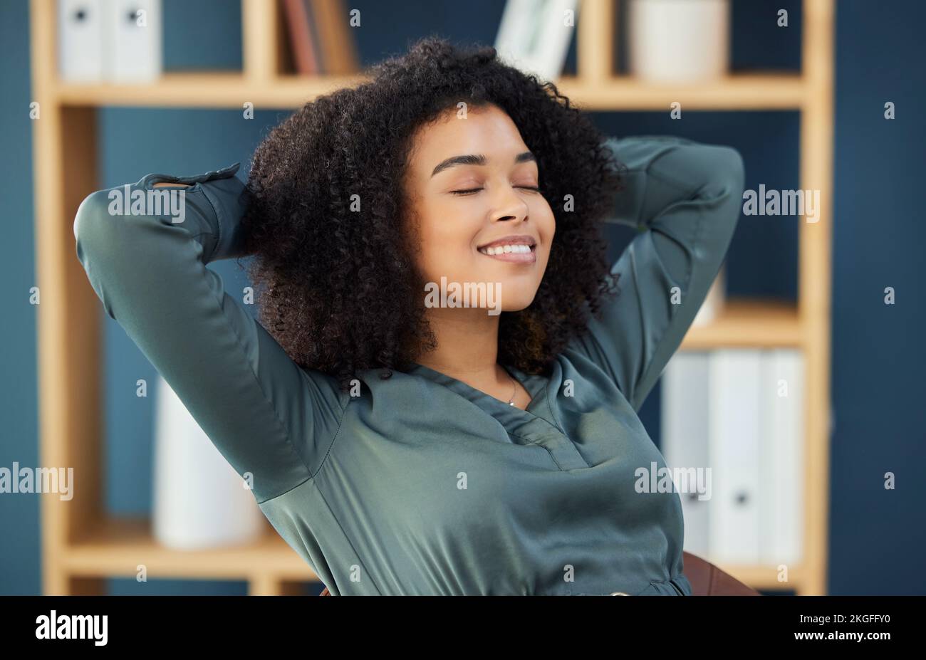 Peace, relax and black woman in office happy taking.break from attorney ...