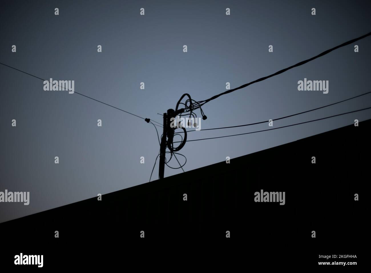 Roof wires. Silhouette of electrical wires on house. Equipment details ...