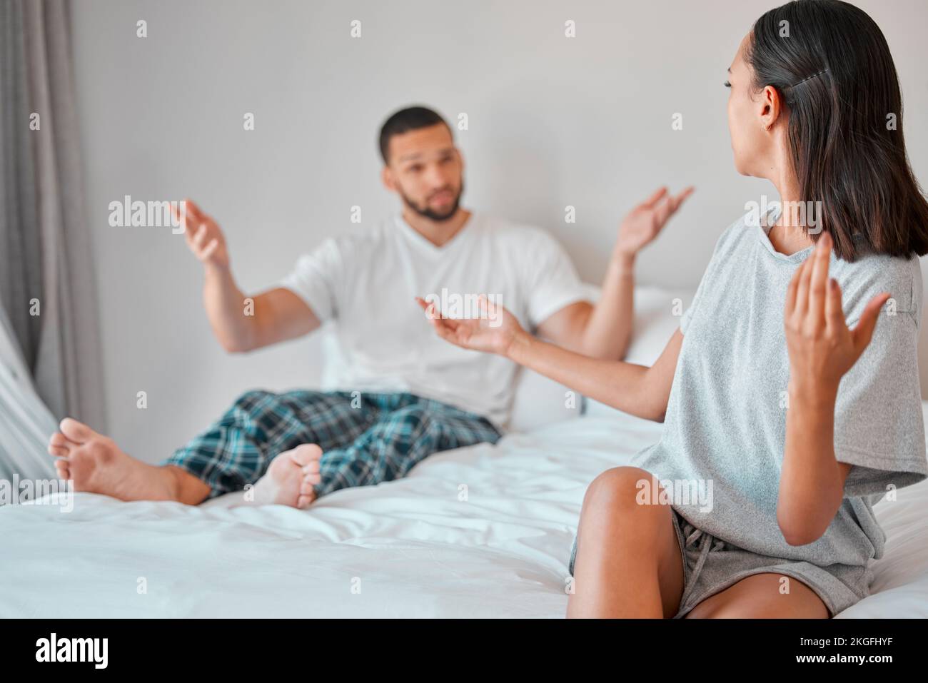 Confused, conflict and fight of couple in bedroom with doubt, liar and ...