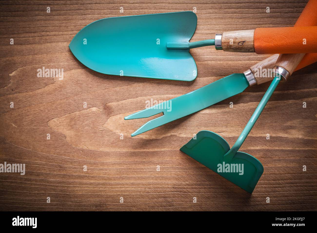 Weeding scoop hand trowel hoe on wood board agriculture concept Stock ...