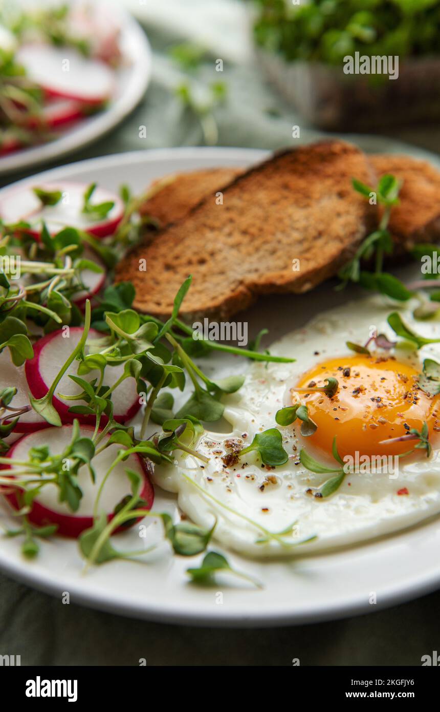 Delicious gourmet Breakfast. Rye bread with fried egg, freshly ground ...