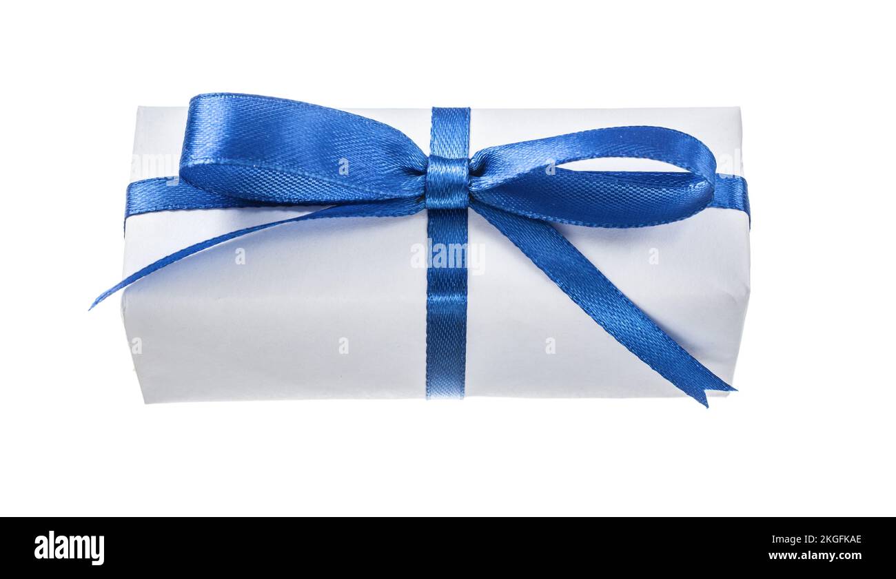 White gift box with blue bow isolated on white Stock Photo - Alamy