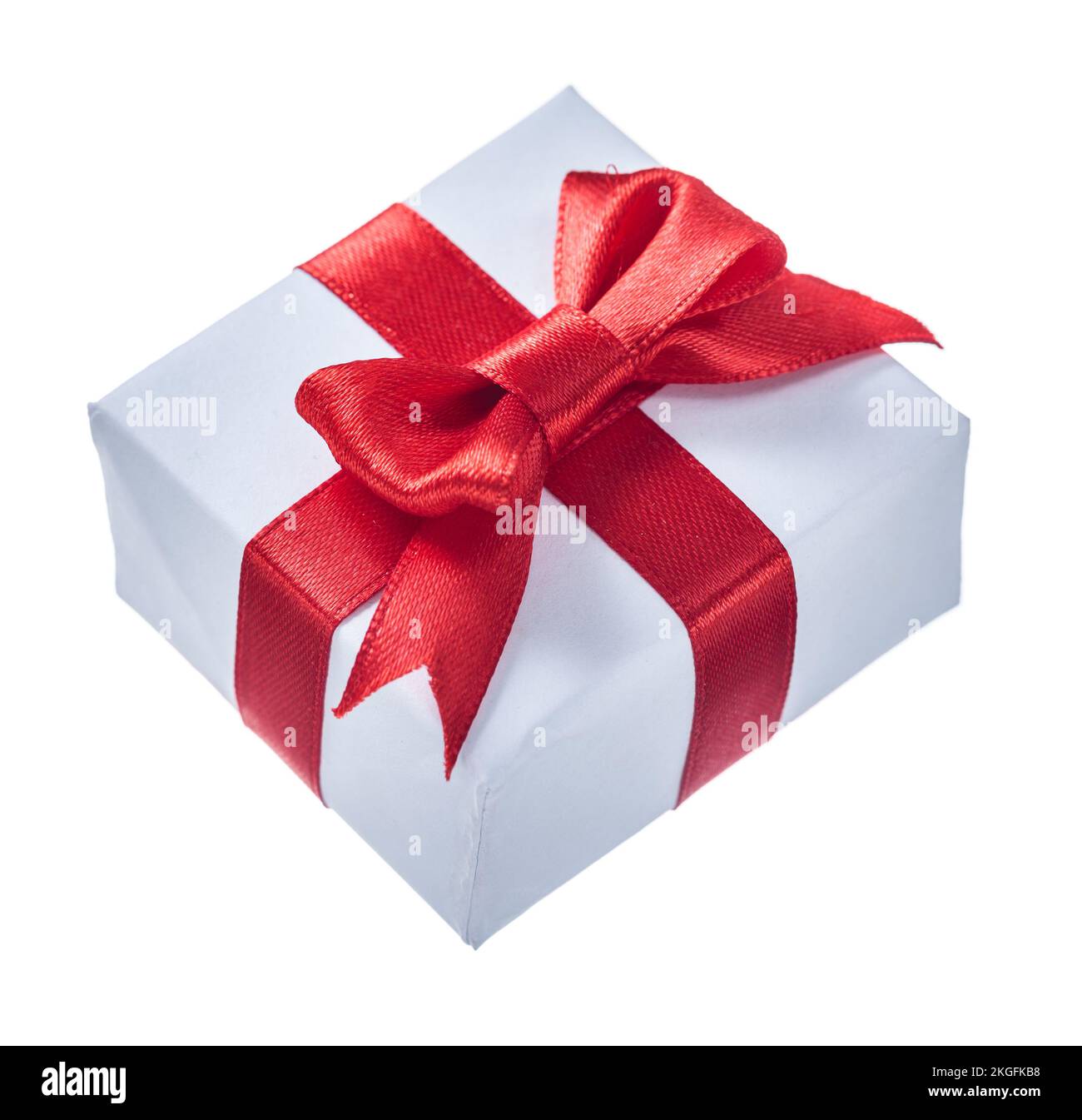 White wrapped gift box with red knot isolated on white Stock Photo - Alamy