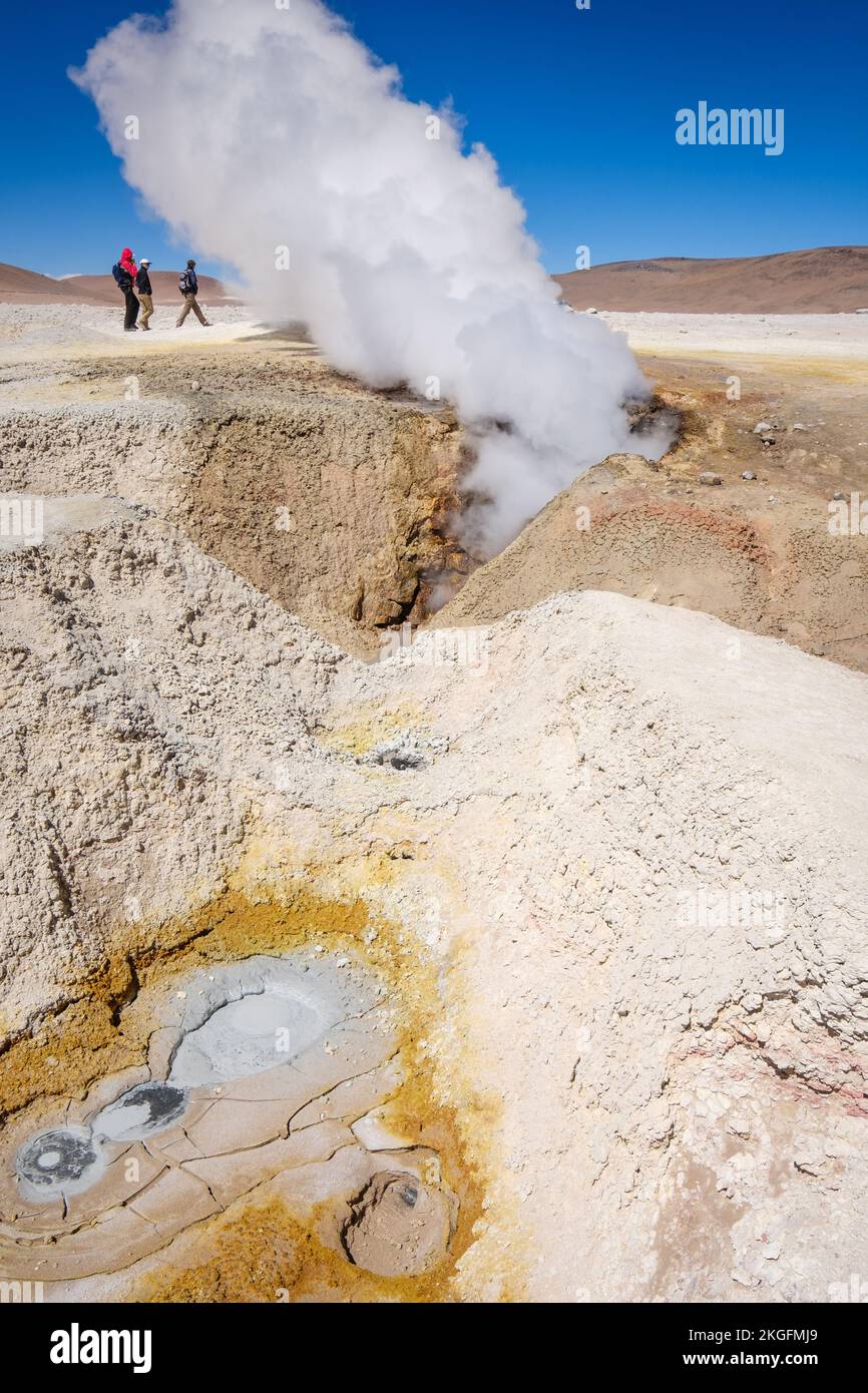 Boiling mud pool and a column of steam from a geyser in Sol de Mañana ...