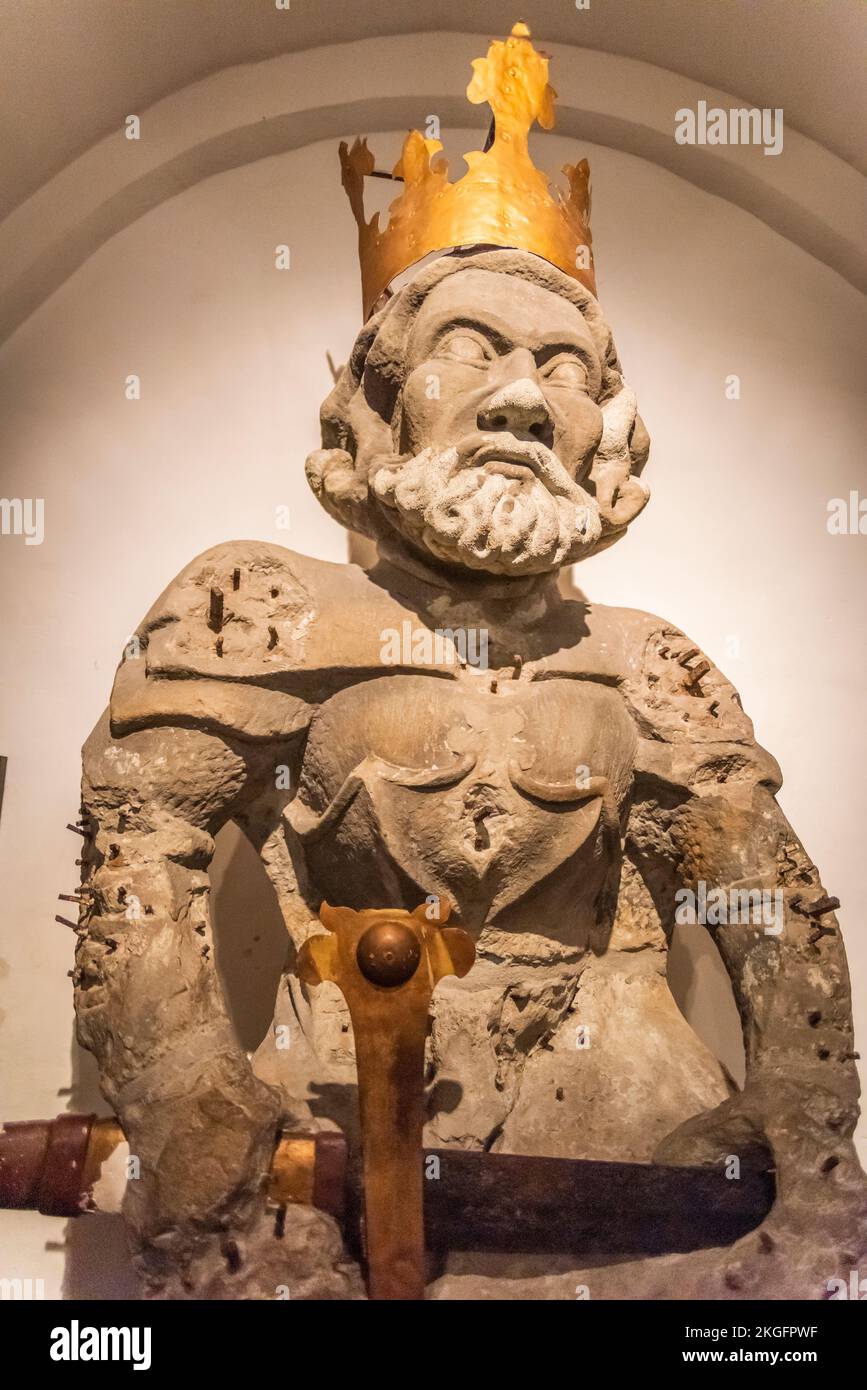 A statue of Charlemagne in the crypt of The Grossmünster in Zurich ...
