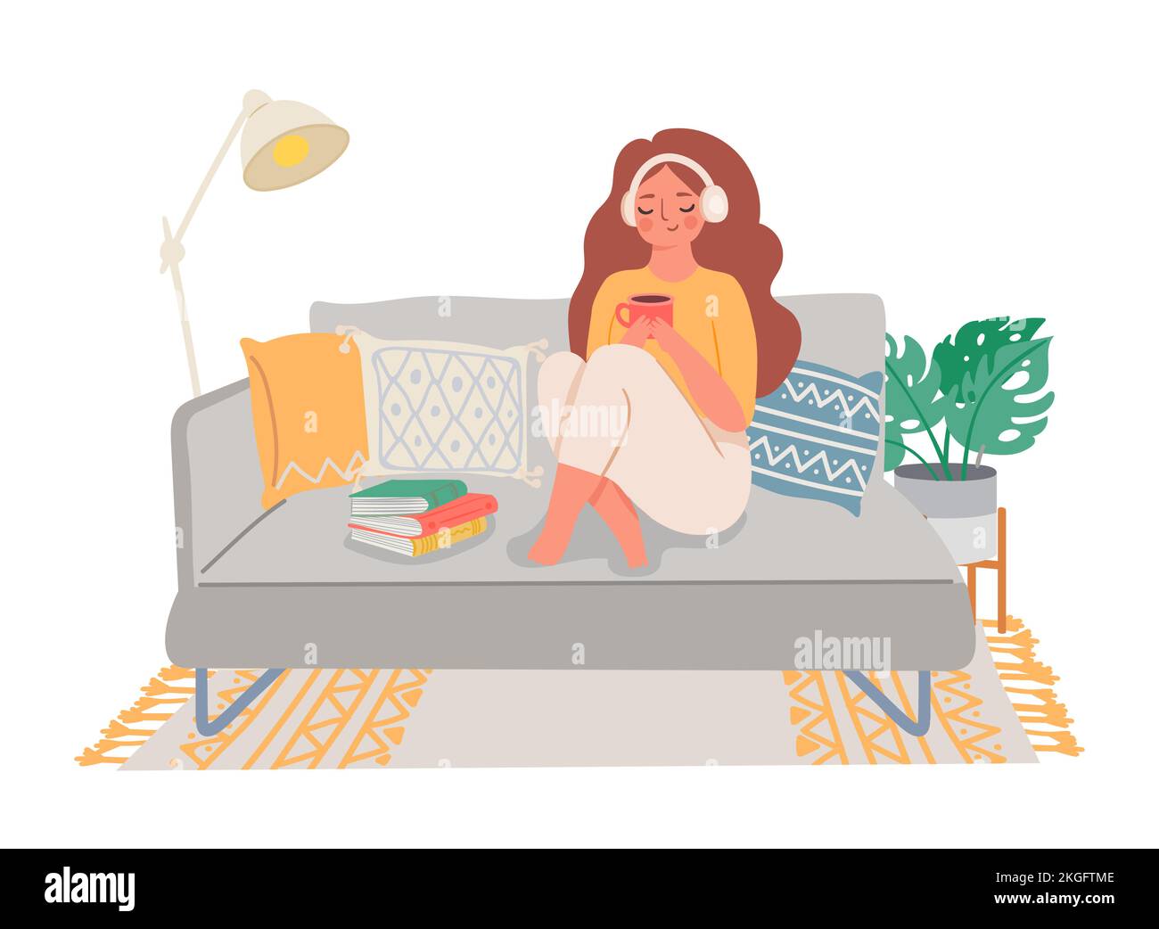 People home hobby, girl sitting on sofa with tea and book Stock Vector ...