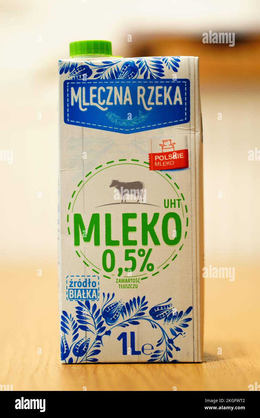A vertical shot of Polish Mleczna Rzeka brand milk with half percent ...