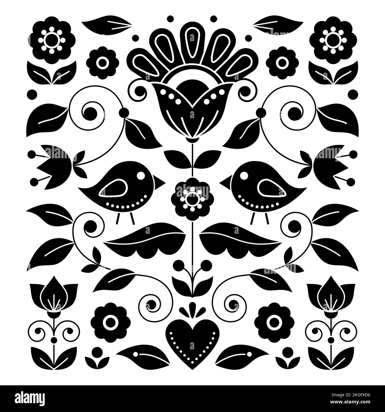 Scandinavian folk art vector black and white greeting card or invitaion ...