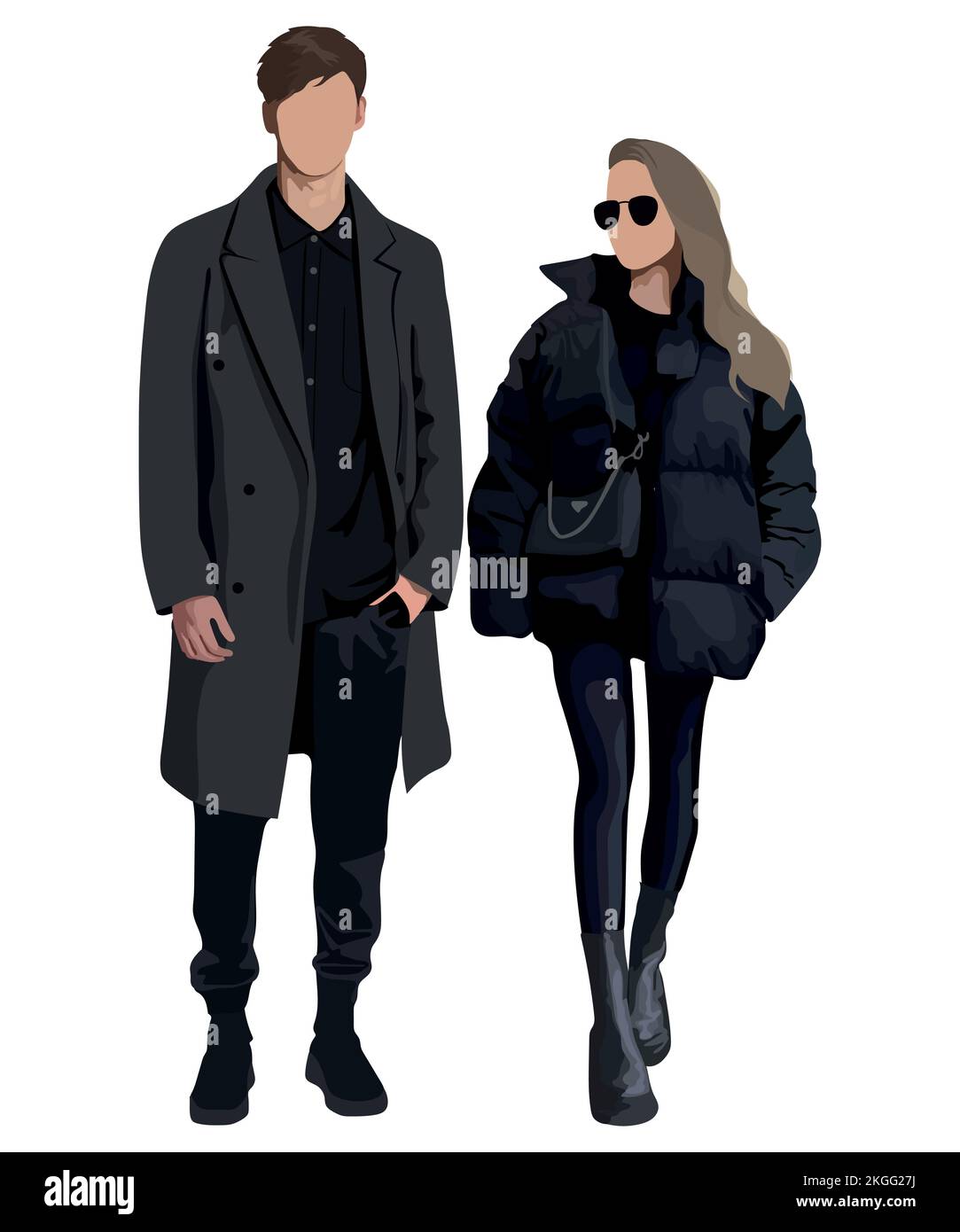 Fashionable and stylish young couple in flat style isolated on white ...