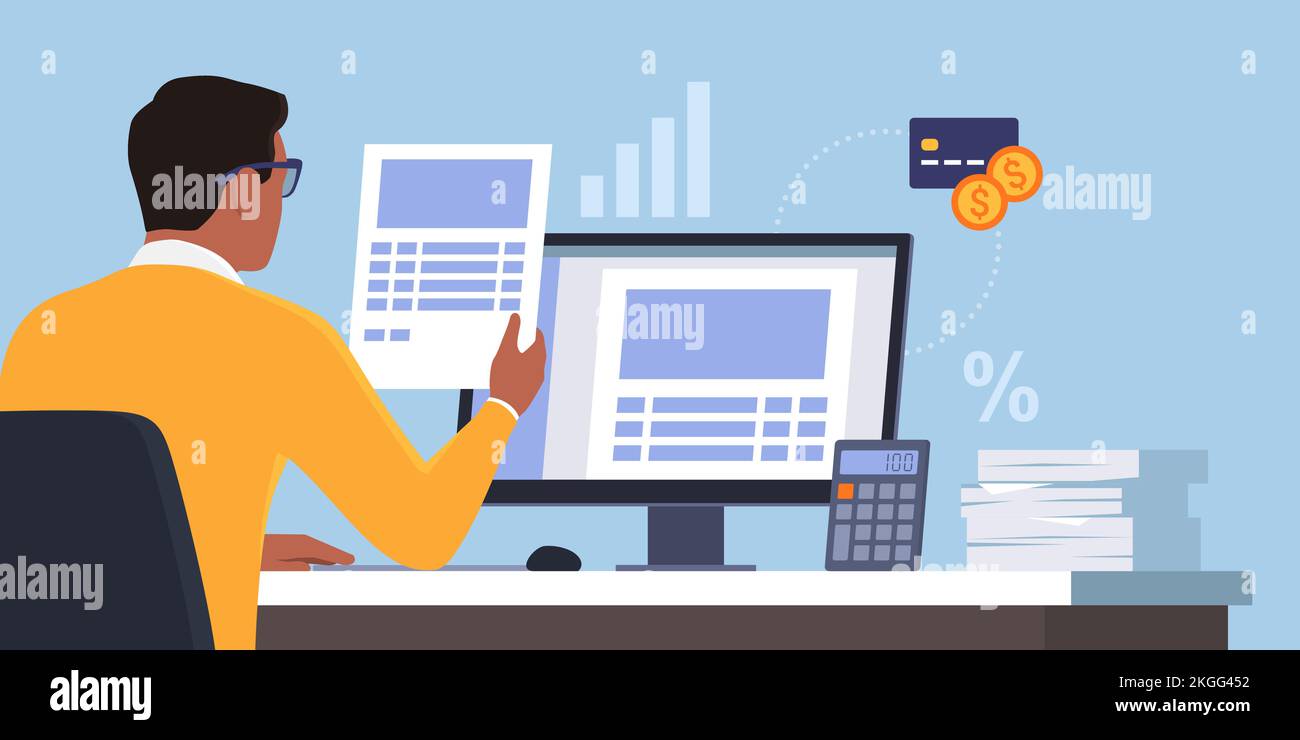 Businessman checking paperwork and electronic documents, business ...