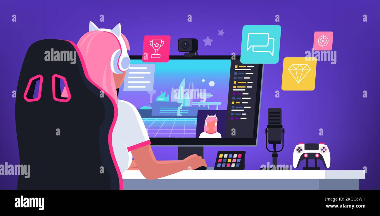 Professional cute gamer girl playing video games online: video games ...