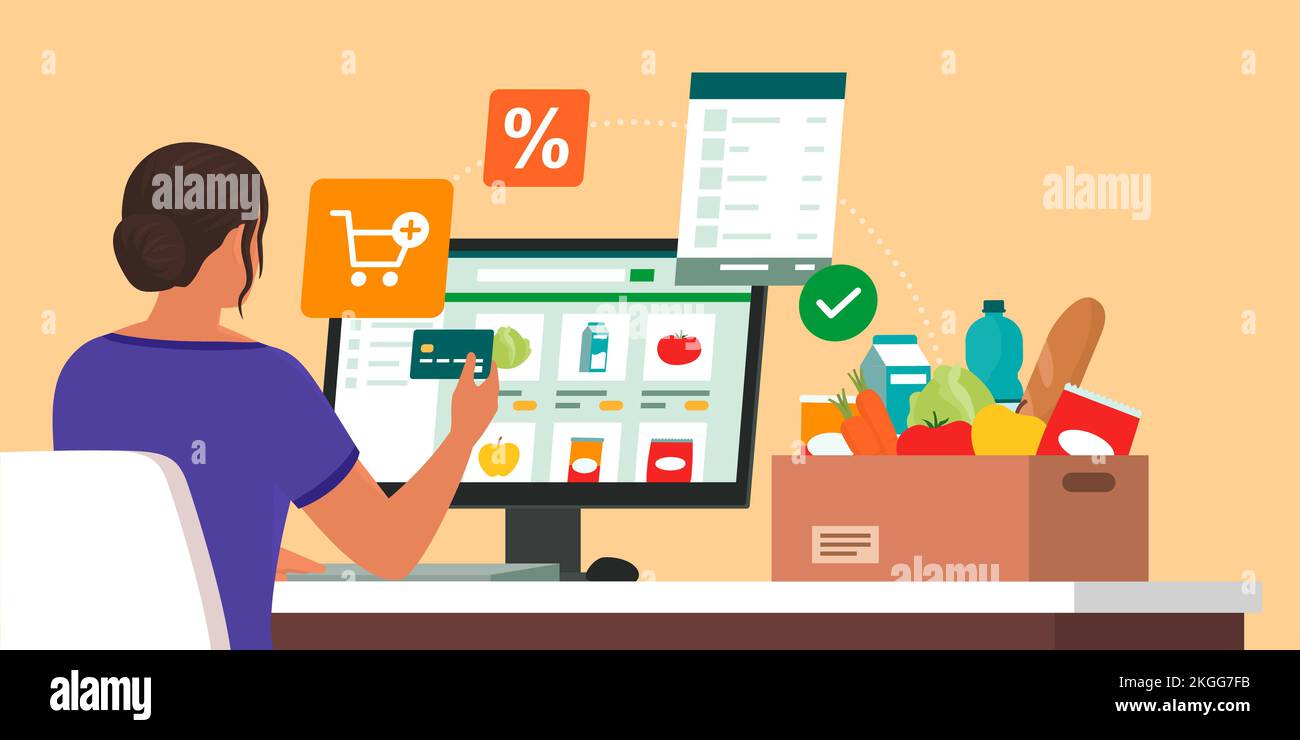 Woman connecting with her computer and doing grocery shopping online ...