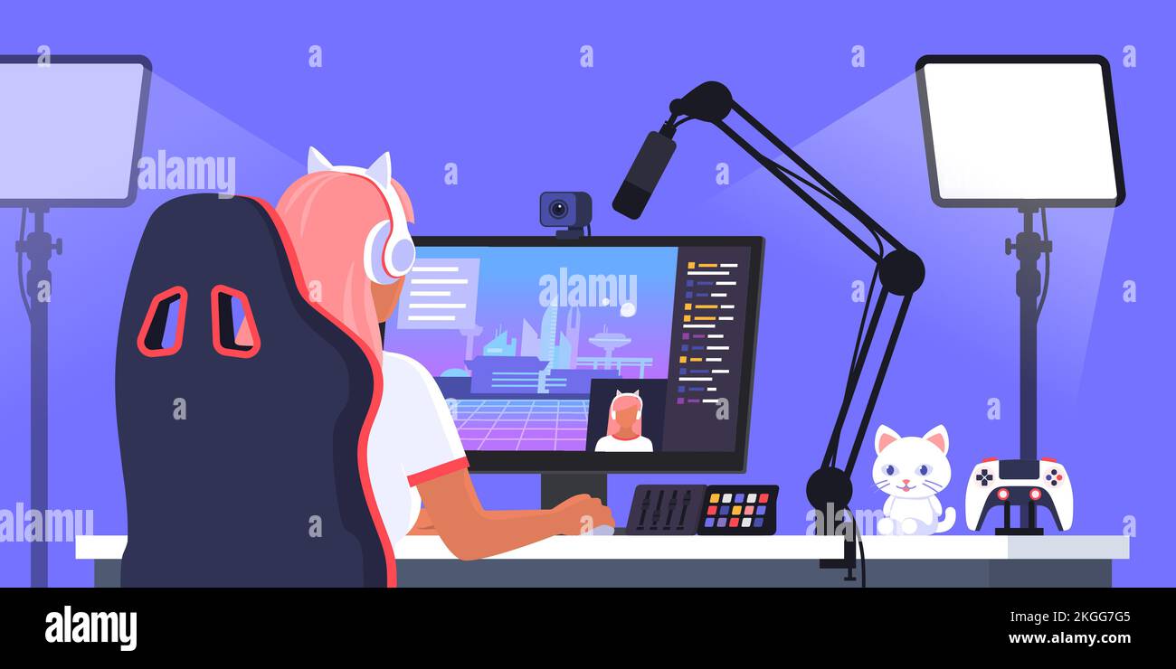 Professional cute gamer girl playing video games online: video games ...