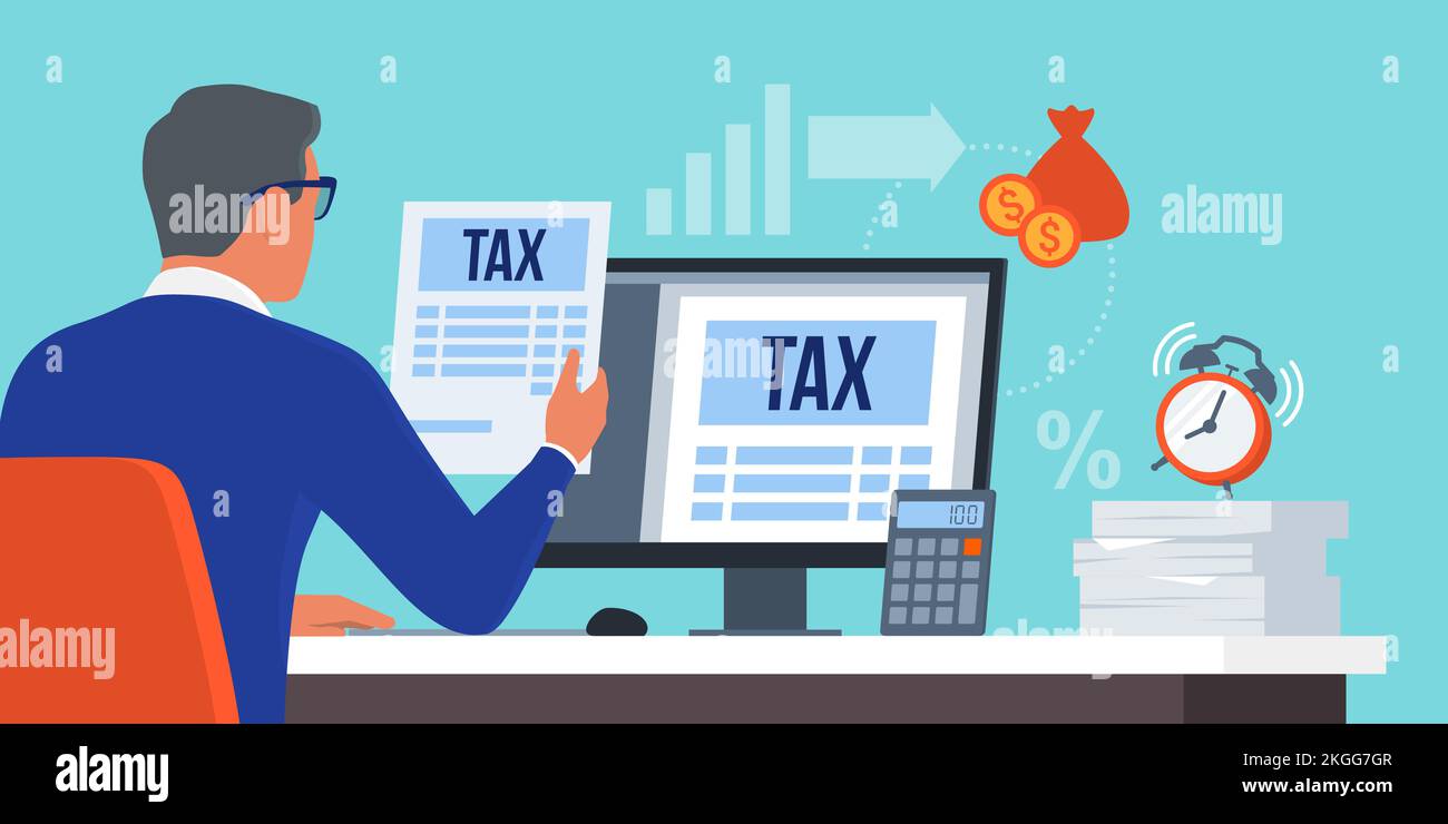 Businessman submitting the income tax return online, tax payment ...