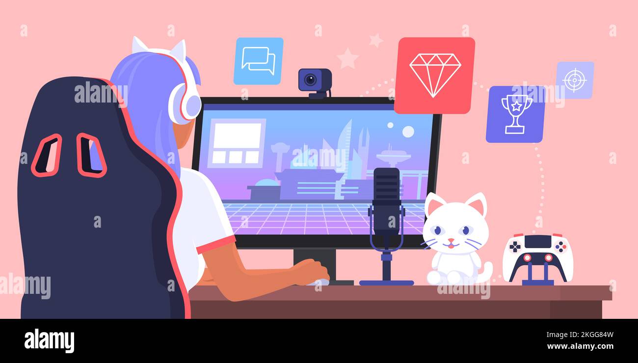 Cute gamer girl with headphones sitting at desk and playing online ...