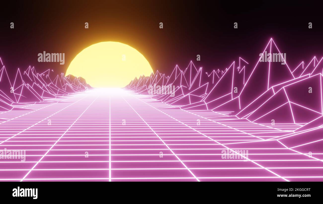 Retro neon sunset. Vaporwave vintage 3D neon landscape.3d render Stock ...
