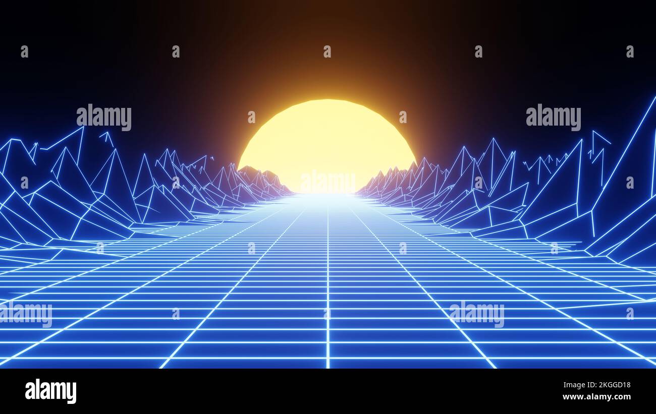 Retro neon sunset. Vaporwave vintage 3D neon landscape.3d render Stock ...