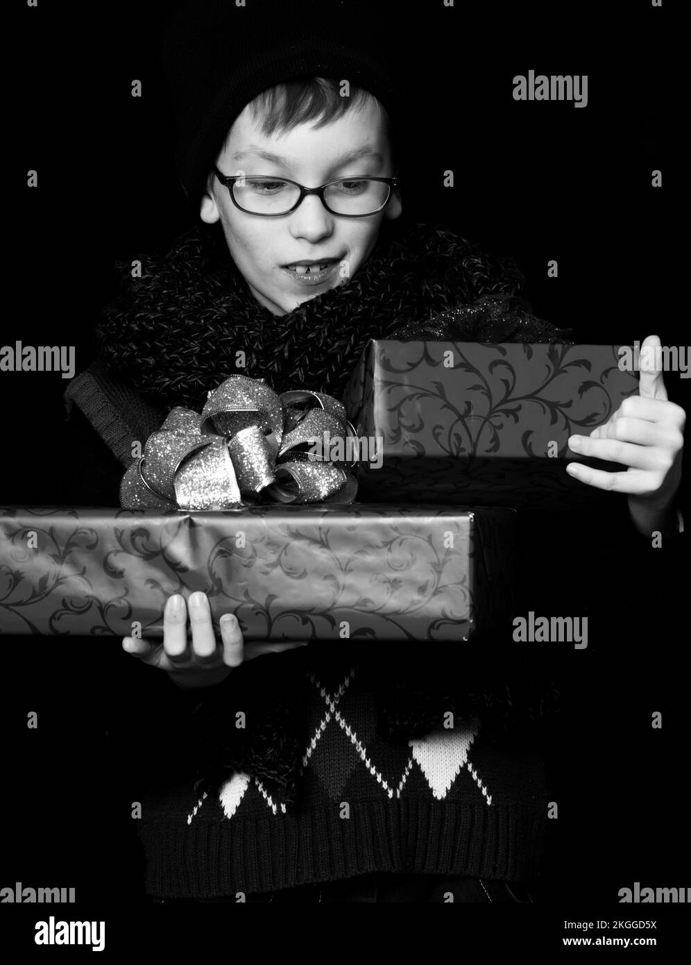 small smiling boy or cute nerd kid in glasses, hat and fashionable ...