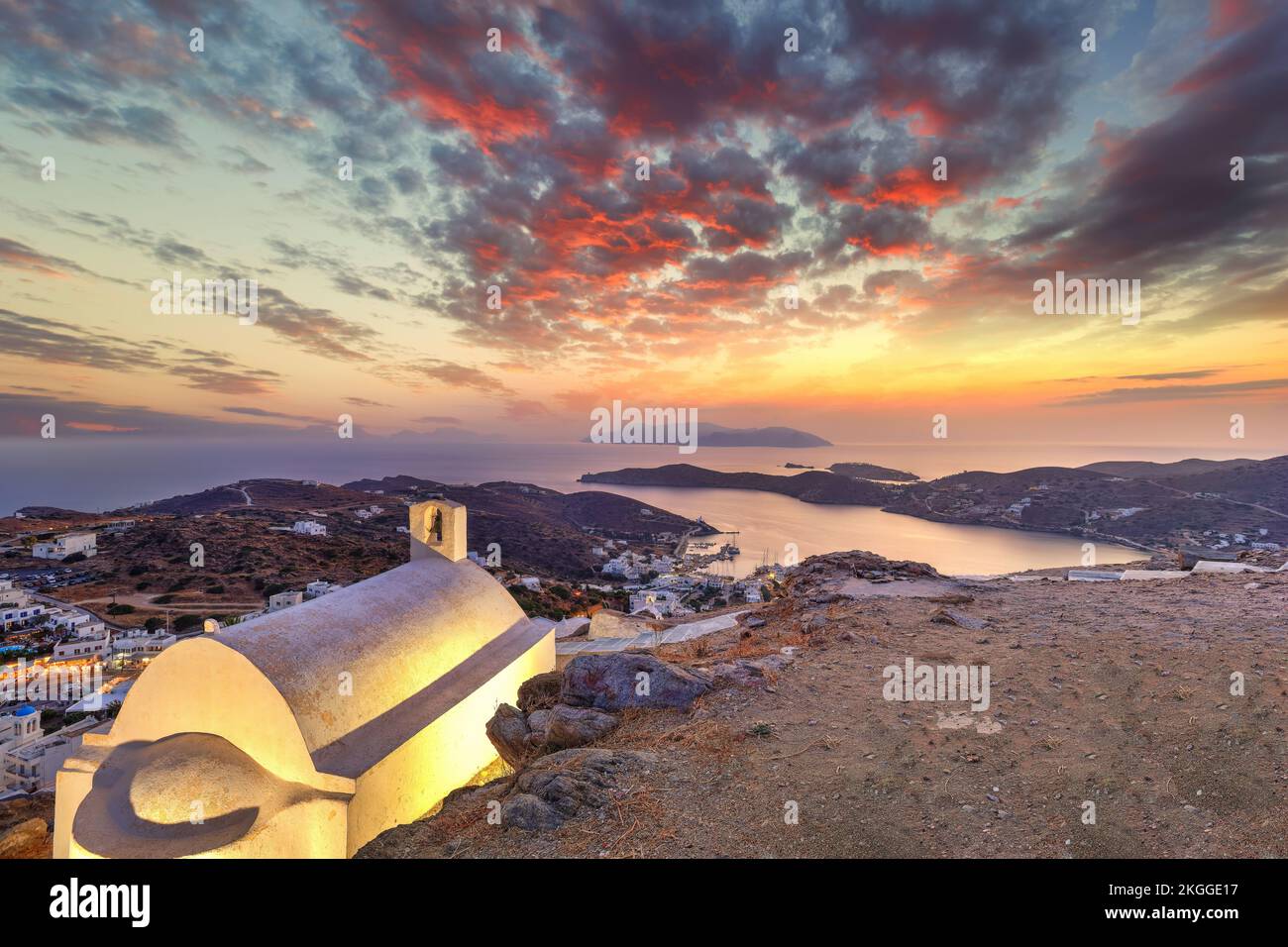 The sunset from the top of a hill with its three churches above Chora ...