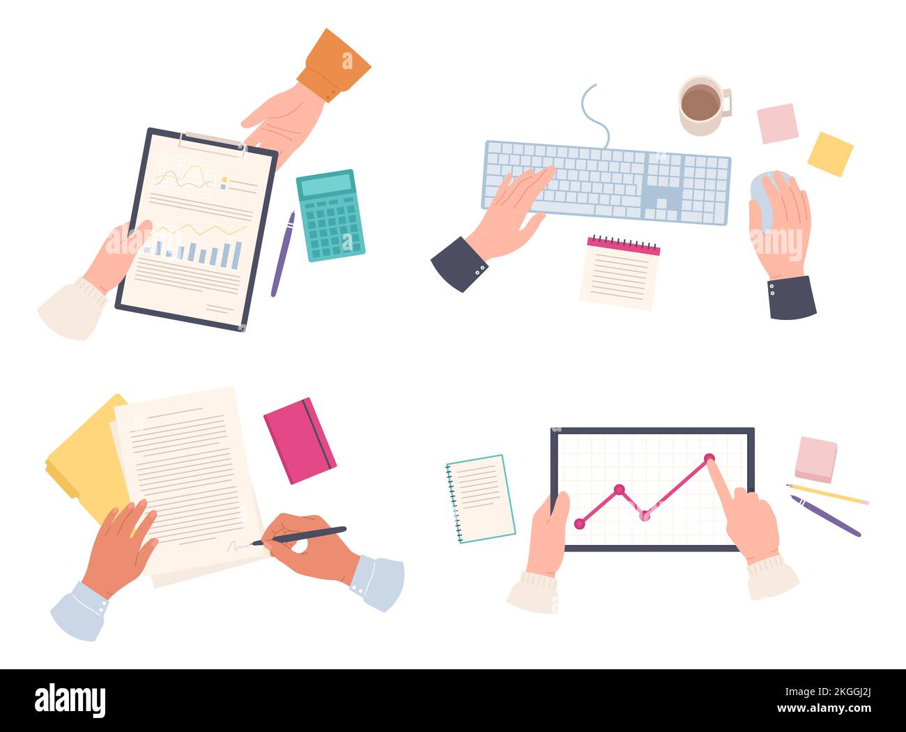 Working businessman hands, typing and discover charts Stock Vector ...