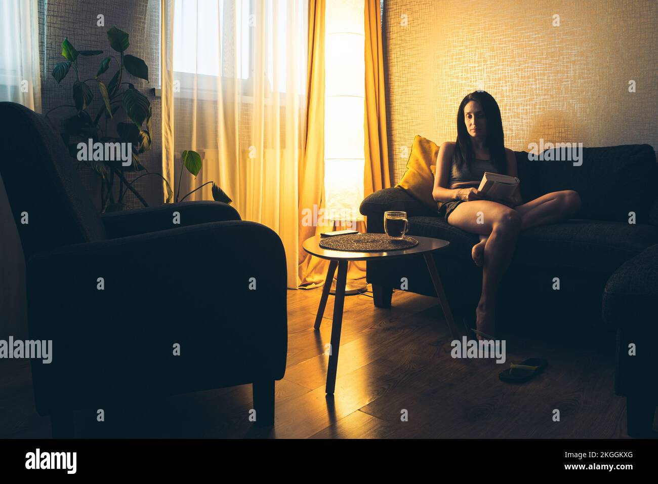 Close up thoughtful worried calm caucasian woman alone sit at home ...