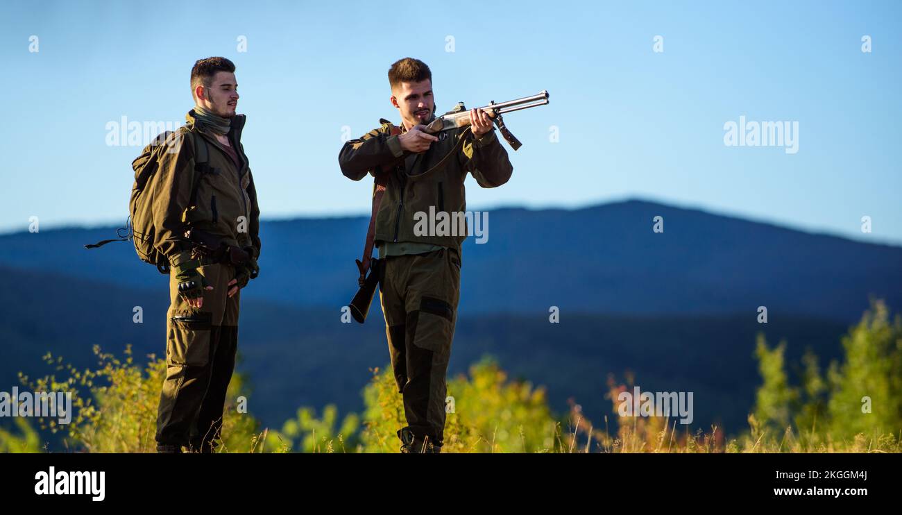 Masculine hobby activity. Hunting season. Men bearded hunters with ...