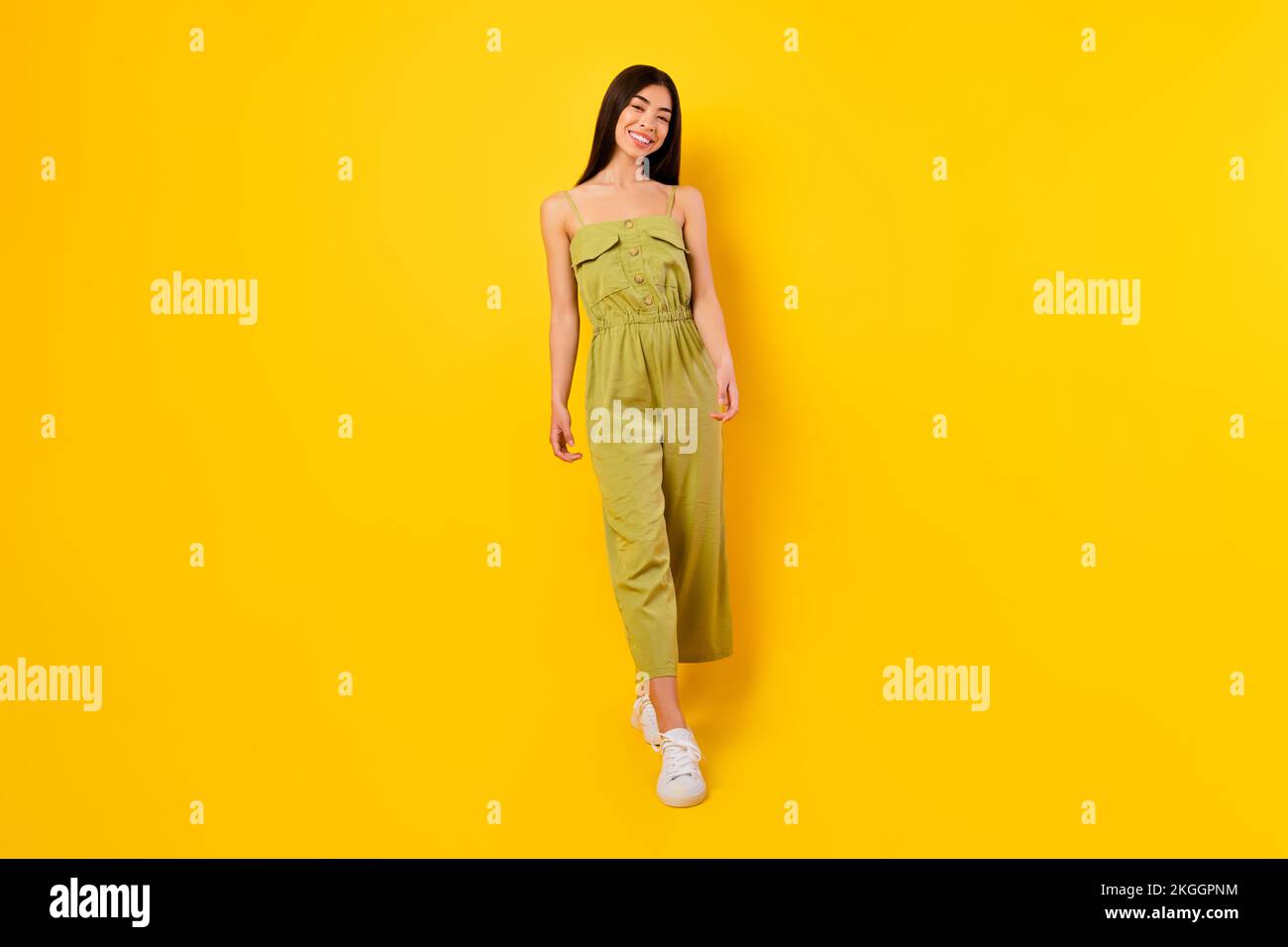 Full size photo of adorable lovely positive lady walking have good mood ...