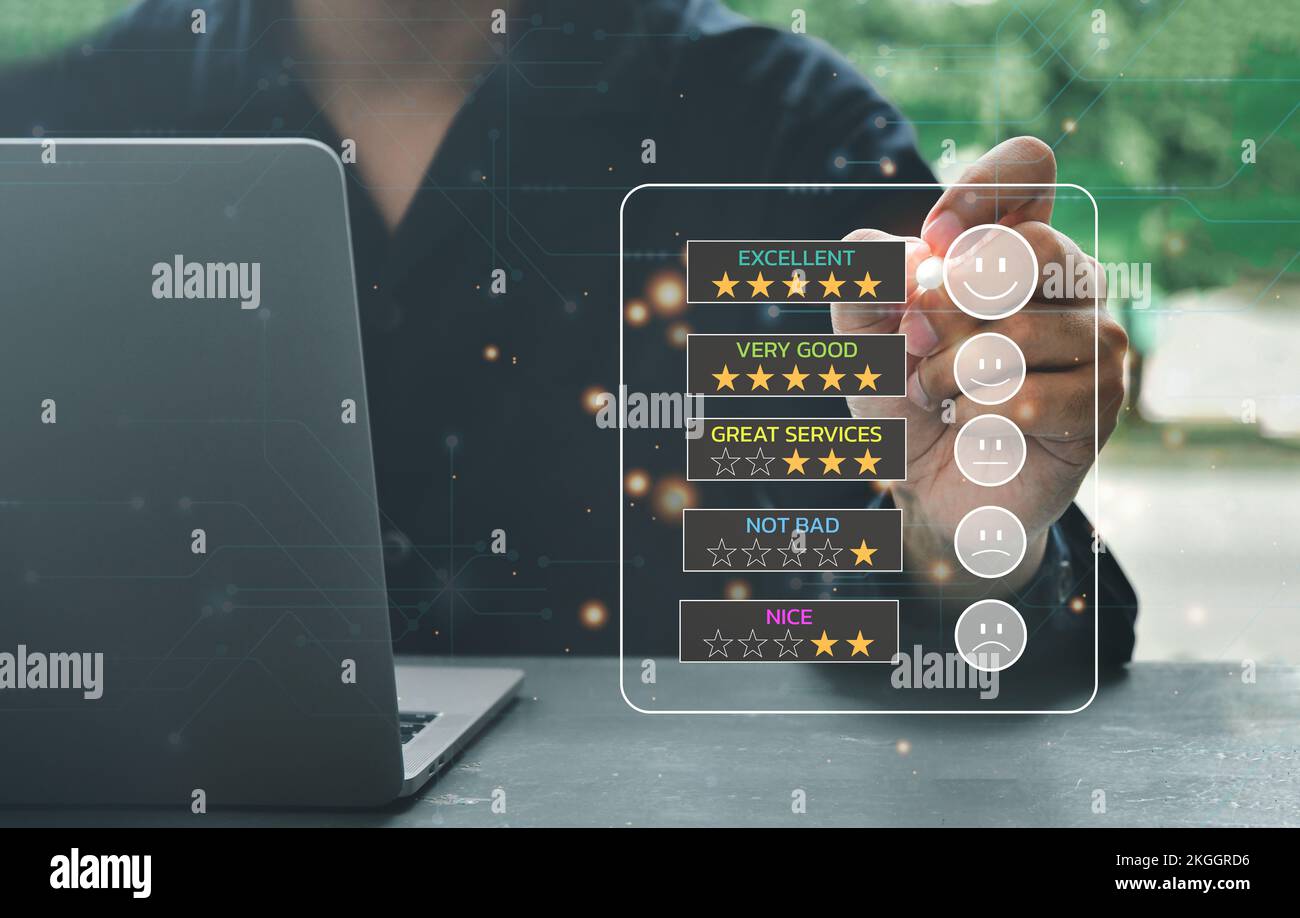A businessman rating the customer service on virtual touch screen, customer service experience ...