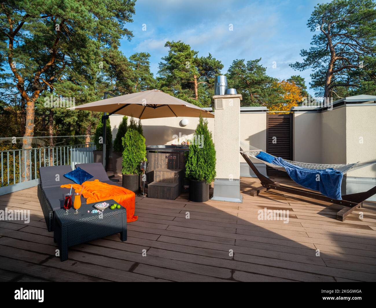 Outdoor terrace of luxury private house. Hammock, bath tub, sunbed ...