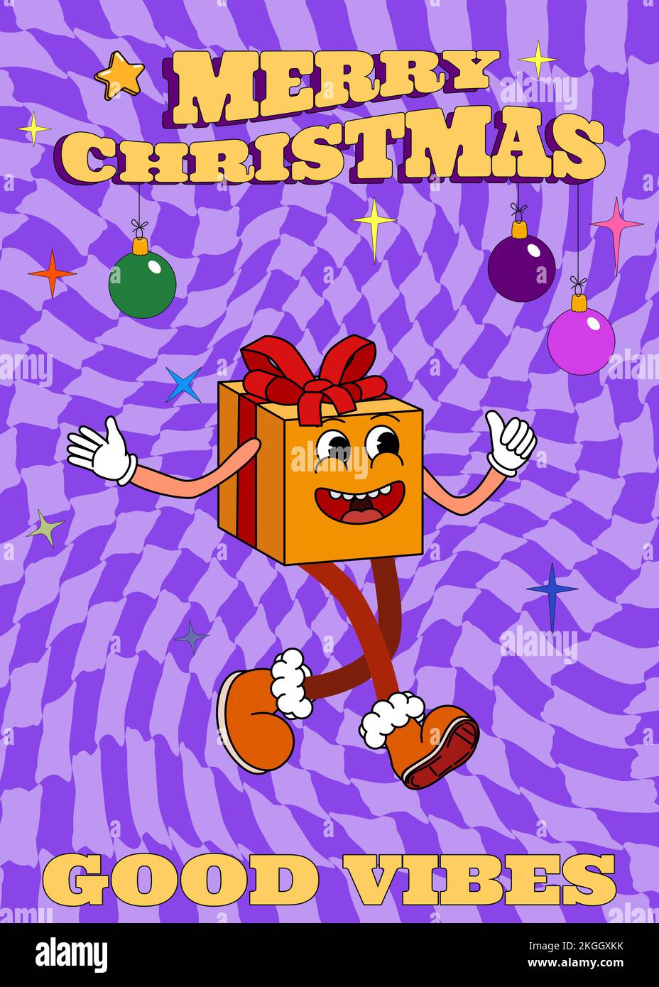 Groovy hippie Christmas poster. Gift box in trendy retro cartoon style ...