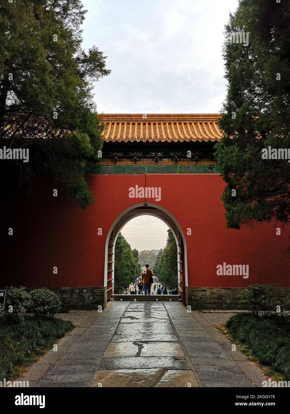 A vertical shot of the ancient architecture of Ming Xiaoling Mausoleum ...