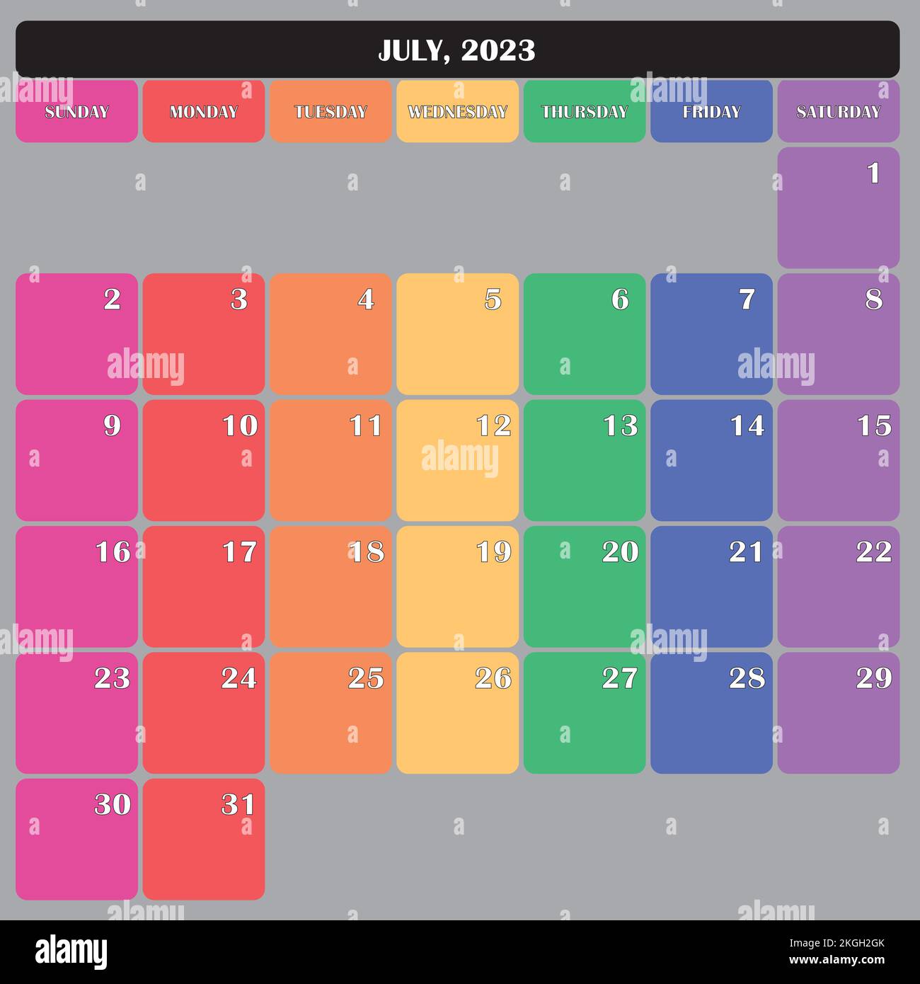 July 2023 Planner Calendar big editable space color day Stock Vector ...