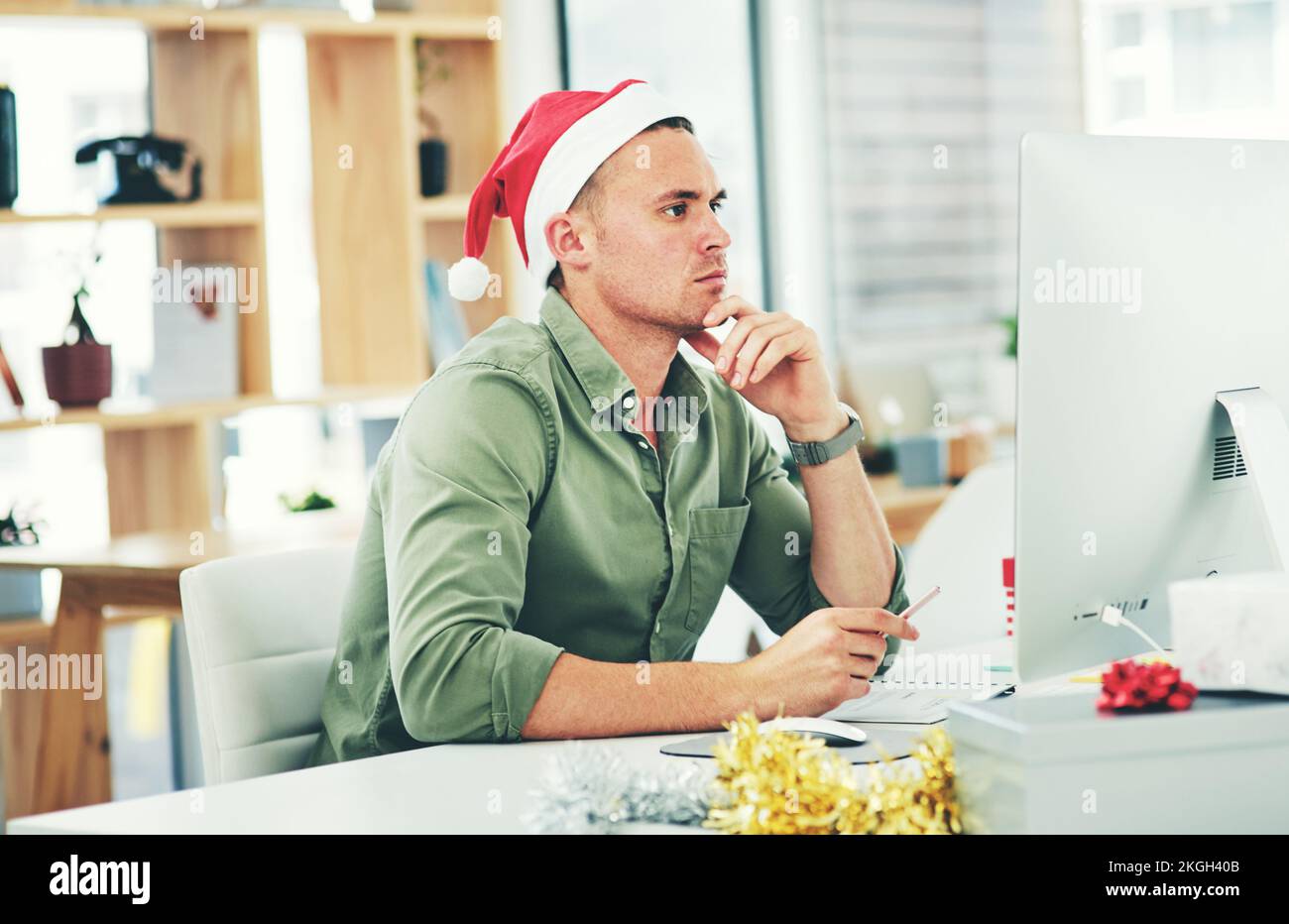 Christmas, email and businessman on a computer during a holiday ...