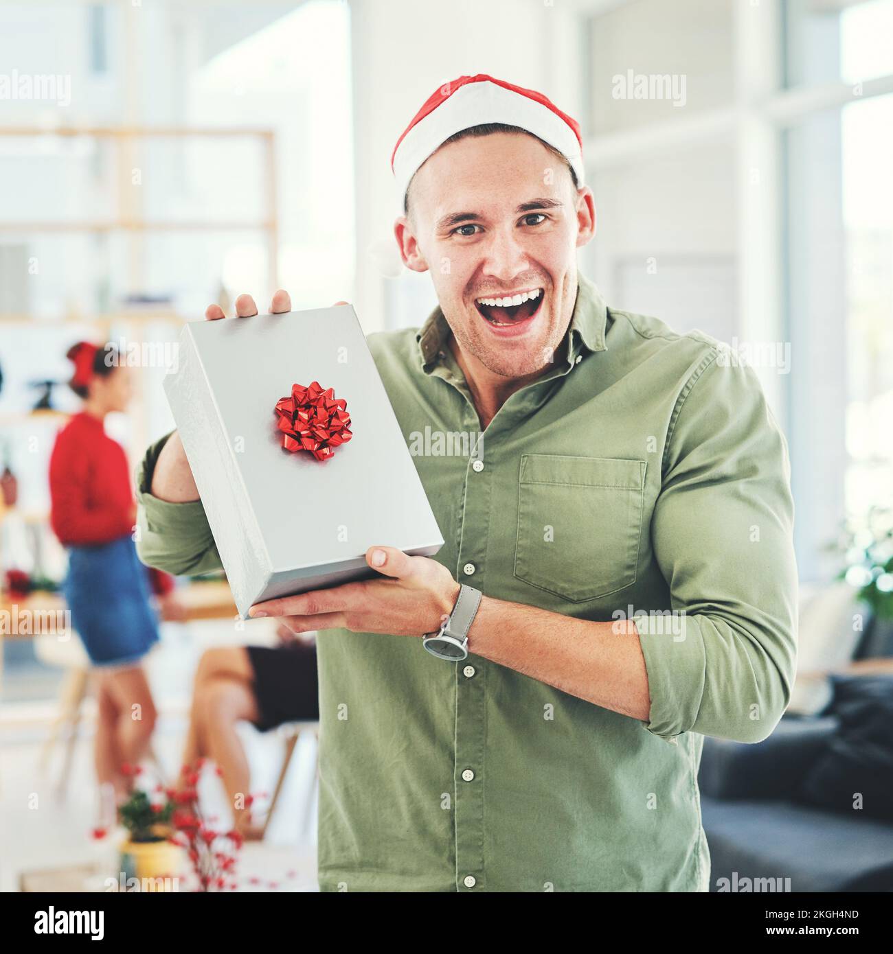 Christmas, coworking office and gift for excited and happy business man ...