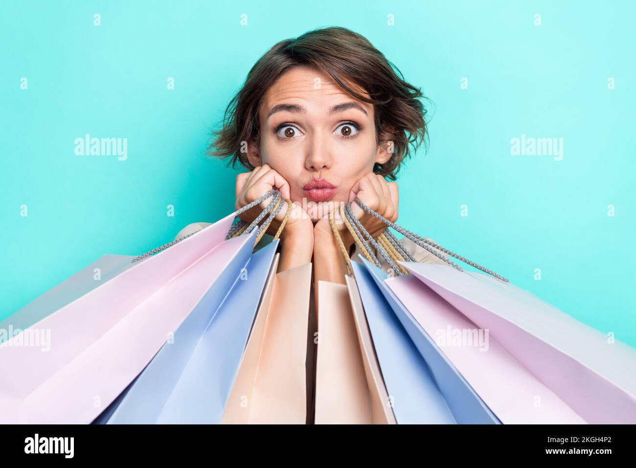 Close up photo of pretty cute lady fashionista client customer buy new ...