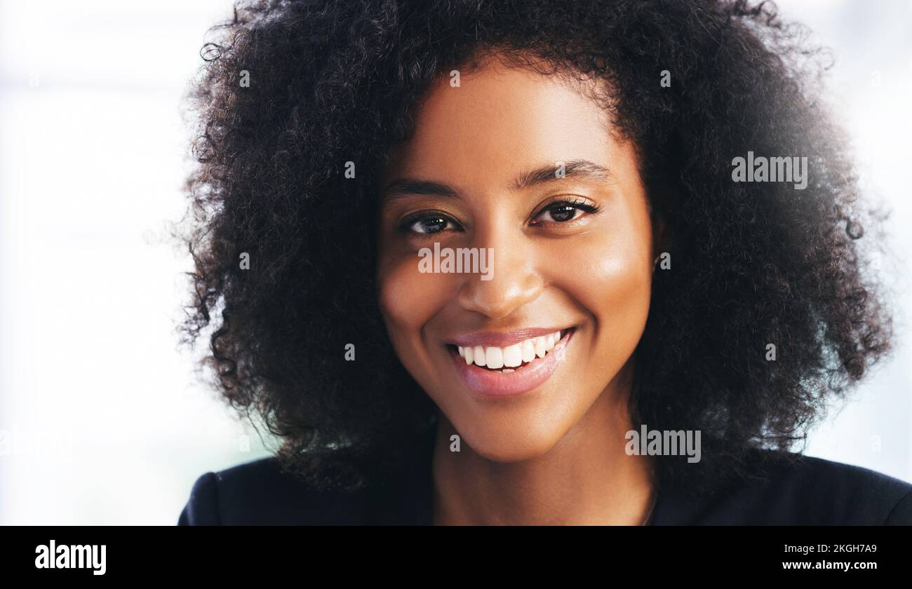 Business woman, face portrait and happy, motivation or smile in a ...