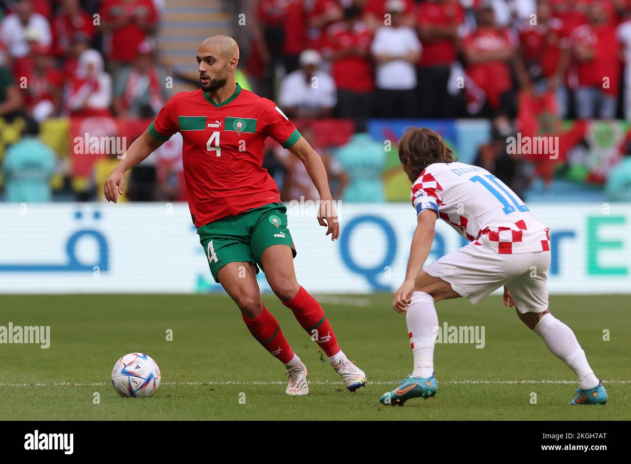 Al Khor, Qatar.November 23, 2022, Sofyan Amrabat of Morocco controls a ...